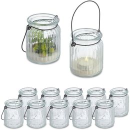 Windlicht, 12er Set, Glas mit Henkel, innen & außen, 9,5 x 8 cm, Hochzeit Teelichthalter, transparent/schwarz - Relaxdays