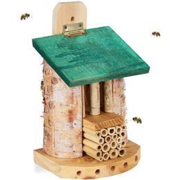 Insektenhotel, Nisthilfe für Wildbienen & Wespen, Garten, Balkon, Bienenhotel hbt: 25x15x11,5 cm, natur-grün - Relaxdays