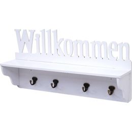 HHG - Wandgarderobe 628 Willkommen, Garderobe Regal, 4 Haken massiv 30x60x13cm weiß - white