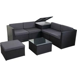 Neuwertig] Poly-Rattan-Garnitur HHG 609, Balkon-/Garten-/Lounge-Set Sofa Sitzgruppe, Box Staufach anthrazit, Kissen dunkelgrau - black