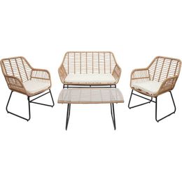 Polyrattan Garnitur HHG 947a, Garten Sofa Set Sitzgruppe Stuhl, Seil naturfarben, Polster creme ohne Dekokissen - brown