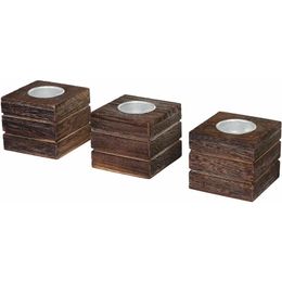 HHG [NEUWERTIG] 3er Set Teelichtständer Tolve, Teelichthalter, Shabby-Look Vintage 7x8x8cm braun - brown