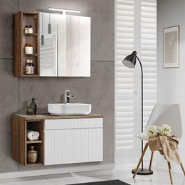 Lomadox - Badezimmermöbel Waschplatz Set in weiß matt mit Vintage Eiche Nb. IRAKLIO-56 mit Regalen und LED-Spiegelschrank, b/h/t: ca. 80,4/200/46 cm