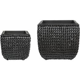 Beliani Blumentopf 2er Set Schwarz Rattan mit Innentopf Quadratisch Geflochten Verschiedene Größen 34 cm und 43 cm Hoch Modern Outdoor & Indoor - Schwarz