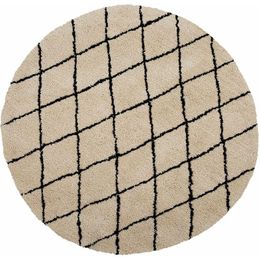 Beliani - Teppich Beige u. Schwarz Stoff Rund 140 cm Kurzflor Geometrisches Muster Rautenmuster Handgetuftet Vorleger Läufer für Wohnzimmer