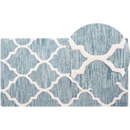 Beliani Teppich Blau Weiß Wolle Baumwolle 80 x 150 cm Kurzflor Marokkanisches Muster Handgetuftet Rechteckig - Blau