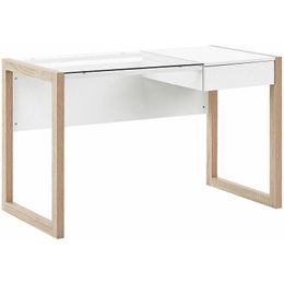 Beliani - Schreibtisch Weiß/heller Holzfarbton aus Faserplatte mit Sicherheitsglas mit 1 Schublade 120 x 60 Wohnzimmer Arbeitszimmer - Heller