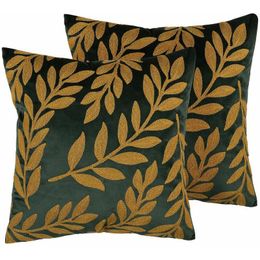 Beliani - Dekokissen 2er Set Grün/Gold Polsterbezug aus Samtstoff 45 x 45 cm Blumenmotiv Elegante Optik Wohnzimmer Salon Schlafzimmer