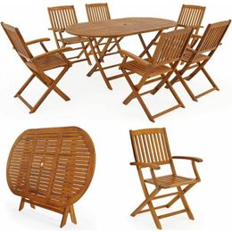 Gartenmöbel Set Holz Wetterfest Klappbar 7-tlg. FSC®-zertifiziert Schirmständer Armlehnen Garten Balkon Terrasse 160x85x74cm Akazie Braun - Casaria