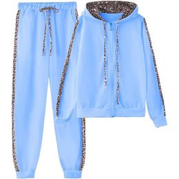 FIDDY Trainingsanzug Sportbekleidung Damen Jogging Leopardenmuster Kapuzenpullover Outdoor