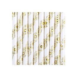 partydeco Trinkhalme, Papierstrohhalme 19cm mit Blumen Motiv 10er Set Weiß / Gold