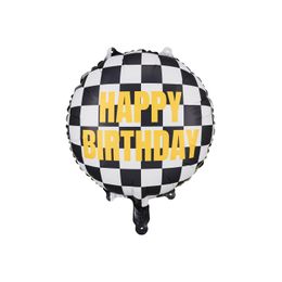 partydeco Folienballon, Folienballon Happy Birthday Zielflagge Muster 35cm Schwarz / Weiß