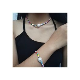 FIDDY Charm-Ketten-Set Halskette Reisperlen Boho-Stil speziell geformte Perlenkette für Damen (2-tlg)