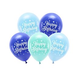 partydeco Luftballon, Öko Luftballons Happy Birthday 26cm Hellblau / Blau / Mint 5er Set