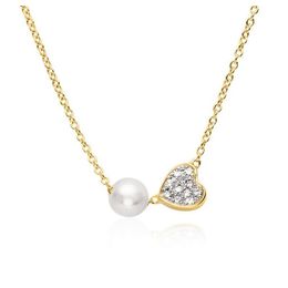 UNIQUE Collier Kette Herz 585er Gold Perle Diamanten