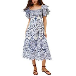 Orient Phoenix Maxikleid Damen Boho Ethno-Stil V-Ausschnitt Midikleid Abendkleid mit Knöpfe Kurzarm Falten Saum Blumemuster Hohl Urlaub Partykleid