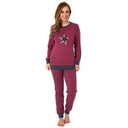 Normann Pyjama Damen Frottee Pyjama mit Bündchenund Stern Motiv Hose gestreift