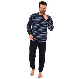 Normann Pyjama Langer Herren Frottee Schlafanzug mit Bündchen Streifenoptik