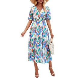 B.X A-Linien-Kleid Damen Sommerkleid Puffärmel locker Midikleid breitem Saum Druckkleid Bohemian Blumenkleid Mode Frühling Sommer Sexy V Ausschnitt Kleid