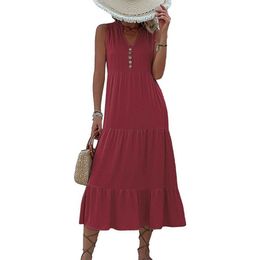 B.X A-Linien-Kleid Damen Mehrlagiges einfarbiges ärmelloses Tanktop-Kleid Knopfleiste Mehrlagiges mit V-Ausschnitt Midi-Frühlings Sommerkleid jerseykleid