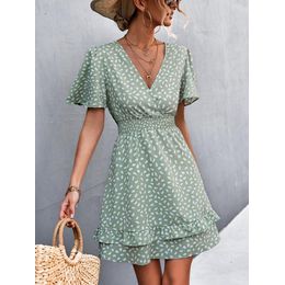 FIDDY Sommerkleid Kleid mit V-Ausschnitt und Rüschenärmeln – Sommerkleid für Damen