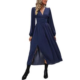 B.X A-Linien-Kleid Damen-Wickel V-Ausschnitt Midikleid Schlitz Langarm jerseykleid langen Ärmeln und Gürtel gerüscht und gerafft A-Linien Volantkleid