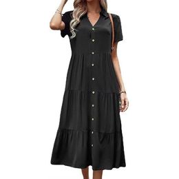 B.X Midikleid Damen Saum und Knopfleiste Hemd einfarbig hohe Taille Midi-Kleid Sommer kurze Ärmel Midikleid mit Tiefer V-Ausschnitt jerseykleid