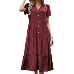 B.X Midikleid Damen Saum und Knopfleiste Hemd einfarbig hohe Taille Midi-Kleid Sommer kurze Ärmel Midikleid mit Tiefer V-Ausschnitt jerseykleid