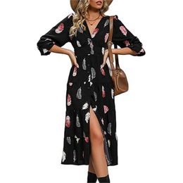 Orient Phoenix Jerseykleid Damen-Maxikleid mit V-Ausschnitt Blumendruck langen Ärmeln und Rüschen Federdruck Knopfleiste Herbst Kleid für Frauen Mid-Calf Länge