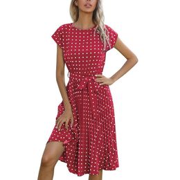 B.X Druckkleid Damen Böhmen Sommerkleid Punktedruck Slim-Fit kurze Ärmel Midiklei Frühling lässigem Falten In der Taille binden Cocktailkleid Druckkleid