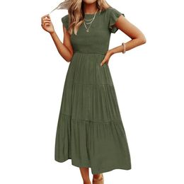 B.X Dirndl Damen Flutter Kurzarm gesmoktes Midikleid Sommer A-Linien-Kleid Sommer Flatter Kurzarm Midikleid für Damen gestufte Kleider