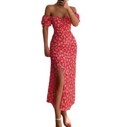 B.X Partykleid Damen sexy schulterfreies für hawaiianisches Blumen-Abendkleid Sommer lange Kleider figurbetontes Seitenschlitz Etuikleid Druckkleid