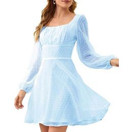 B.X A-Linien-Kleid Damen Minikleid Polka Dots Square Punkten elegantes Volantkleid Langärmliges mit Neck A-Linien-Kleid aus Chiffon Laternenärmeln