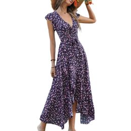 B.X Druckkleid Frühling ärmellos Lange Party A-Linie Party Druckkleid Blusenkleid Sommer Damen Boho Print V-Ausschnitt Blumen Strandkleider Maxikleid