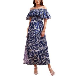Orient Phoenix Abendkleid Schulterfreies Sommer-Maxi-Strickkleid für Damen mit Blattmuster Trägerloses