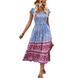 B.X Maxikleid Damen Freizeit Volant kurze Ärmel Flügelärmel Druckkleid Maxikleid Geblümtes V-Ausschnitt fließendem hoher Taille Midikleid Strandkleid