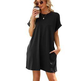 B.X Sommerkleid Damen Freizeit Minikleid einfarbig Strandkleid Rundhals Blusenkleid T-Shirt-Kleid lockere Passform schwingendes Cocktailkleid Taschenkleid