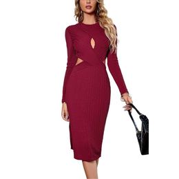 B.X Strickkleid Damen Lässiges hohl figurbetont lange Ärmel Partykleid Wickelkleid Sexy Seitenschlitz mittlere Länge Cocktailkleid Bleistiftkleid