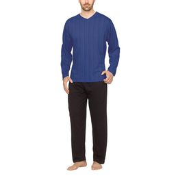 Moonline Pyjama Herren Schlafanzug lang aus 100% Baumwolle mit V-Ausschnitt und Streifen-Design