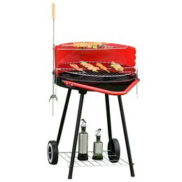 Outsunny Holzkohlegrill Rundgrill Grill auf Rollen mit Ablage BBQ Metall Rot