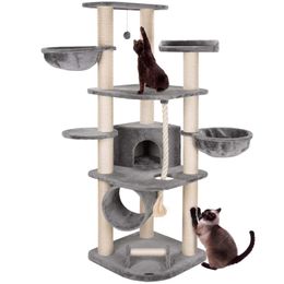 HAPPYPET Kratzbaum f&uuml;r Katzen gro&szlig; 181 cm hoch - Stabiler Kletterbaum Katzenbaum, dicke St&auml;mme mit 11 cm, Haus & Spieltunnel, gro&szlig;e Liegemulden, Spietau mit Kratzrolle Grau