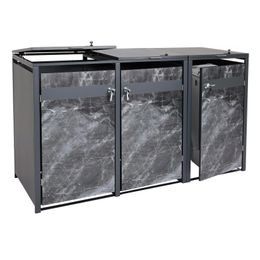 3er M&uuml;lltonnenverkleidung MCW-J82, M&uuml;lltonnenbox, erweiterbar, Metall 80kg, anthrazit ~ Marmor-Optik dunkel