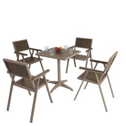 4er-Set Gartenstuhl+Gartentisch MCW-J95, Stuhl Tisch, Gastro Outdoor-Beschichtung, Alu Holzoptik ~ champagner, grau