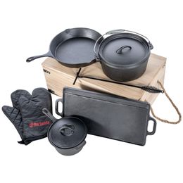 CLP Dutch Oven Set 8-Teilig Gusseisen I Mit Kochtöpfen, Pfanne, Grillplatte & Zubehör