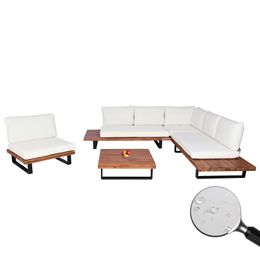 Garten-Garnitur mit Sessel MCW-H54, Lounge-Set Sofa, Spun Poly Akazie Holz MVG Aluminium ~ braun, Polster cremeweiß