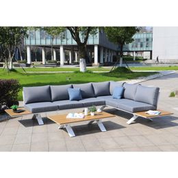Aluminium Garten-Garnitur MCW-M62, Sitzgruppe Garten-/Lounge-Set Sofa, Holzoptik ~ Gestell wei&szlig;, Polster hellgrau