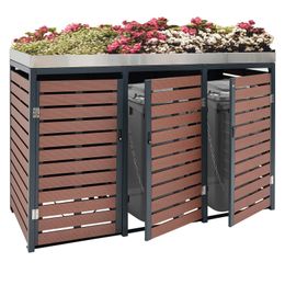 3er M&uuml;lltonnenverkleidung MCW-K14, M&uuml;lltonnenbox mit Pflanzkasten, 124x200x84cm WPC Edelstahl 107kg ~ Walnuss-Holzoptik