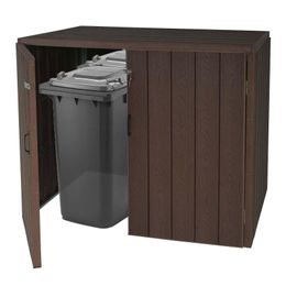 XL 2er-/4er-WPC-M&uuml;lltonnenverkleidung MCW-J28, Premium M&uuml;lltonnenbox, Metall Holzoptik, erweiterbar ~ braun