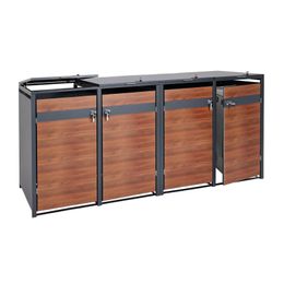 4er M&uuml;lltonnenverkleidung MCW-J82, M&uuml;lltonnenbox, erweiterbar, Metall 100kg, anthrazit ~ Kirsche-Holzoptik dunkelbraun