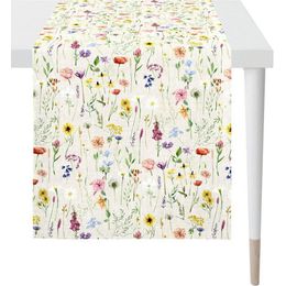 Apelt Tischläufer 6815 SPRINGTIME, Frühjahrsdeko, Frühling (1-tlg), Digitaldruck, mit Frühjahrsblüten, wie auf einer Streublumenwiese, bunt|weiß